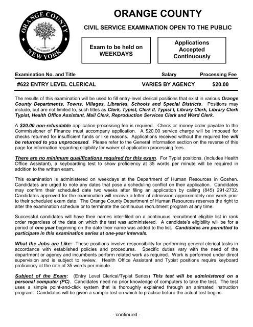 622 Entry Level Clerical - Orange County, NY