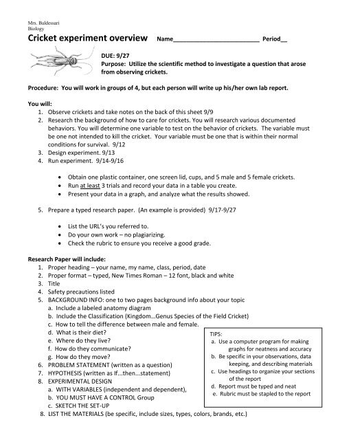 Cricket experiment overview ... - Beachwood City Schools