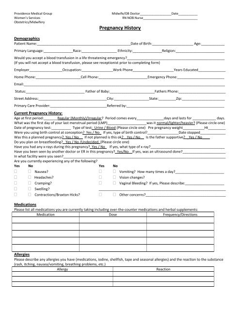 Pregnancy History Form - Providence Washington