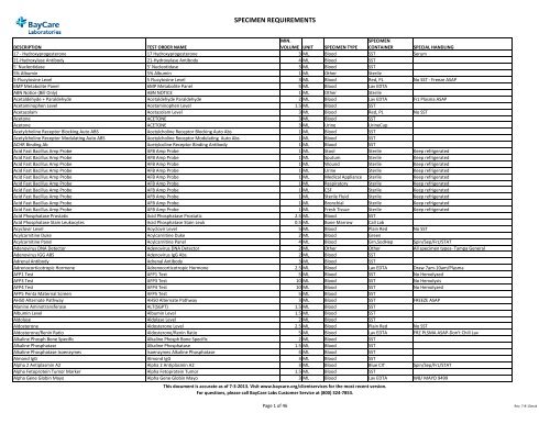 Test Menu And Specimen Requirements BayCare Health System