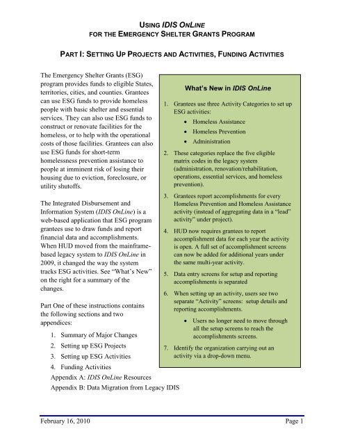 Using IDIS OnLine for the Emergency Shelter Grants Program - HUD