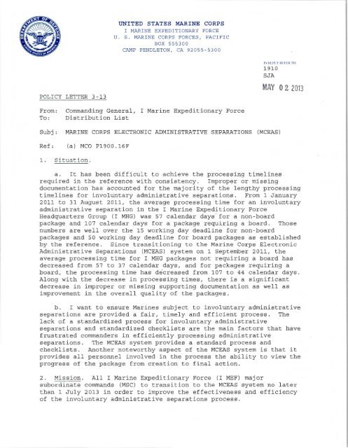 Policy Letter 3-13 - I Marine Expeditionary Force - Marine Corps