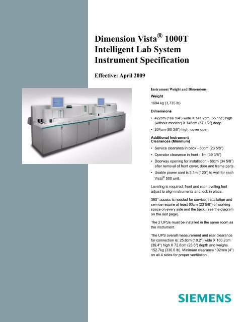 Dimension Vista 1500 Intelligent Lab System Instrument Specification