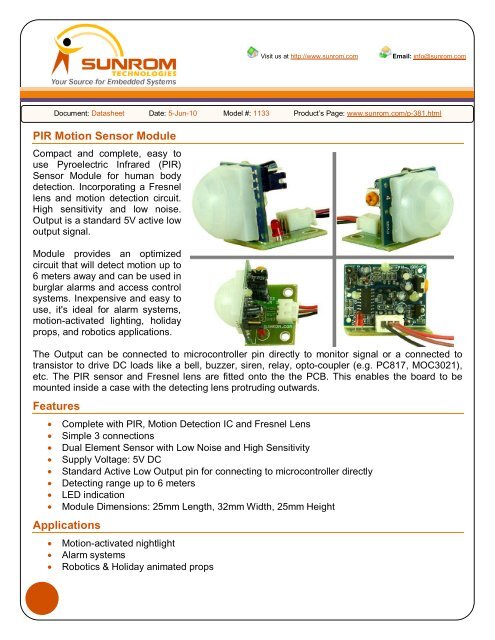 Pir Motion Sensor Module Features Applications Sunrom