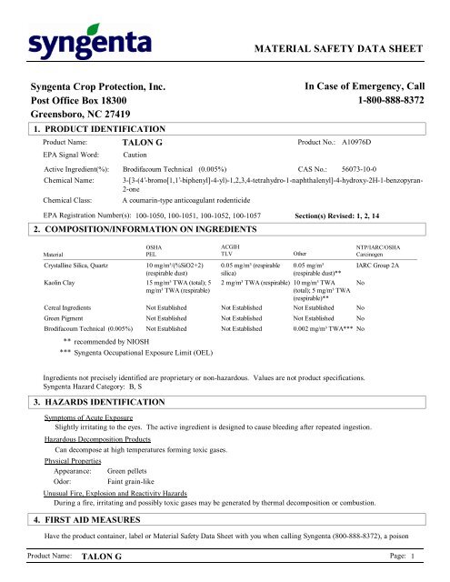 MATERIAL SAFETY DATA SHEET Syngenta Crop Protection, Inc ...