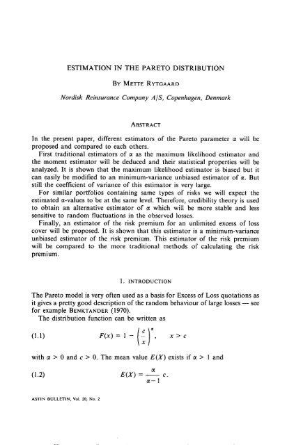 Estimation In The Pareto Distribution International Actuarial