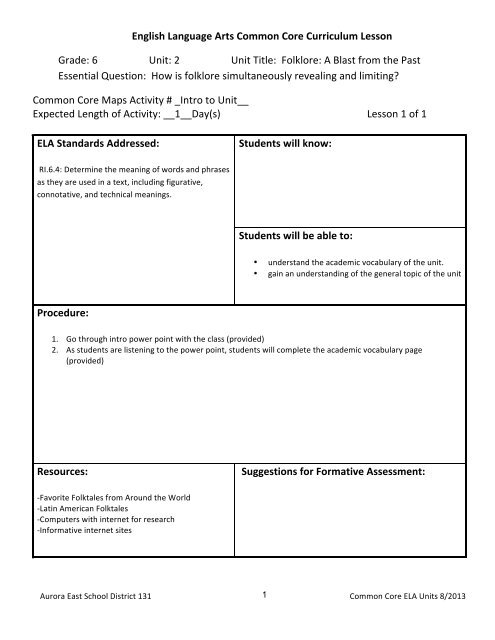 Grade 6 Unit 2 Lesson Plans.doc - East Aurora ...