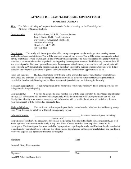 Appendix D Example Informed Consent Form University Of 