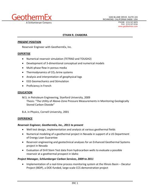 Ethan Chabora's complete CV - GeothermEx Inc