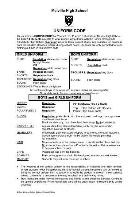 Melville High School UNIFORM CODE