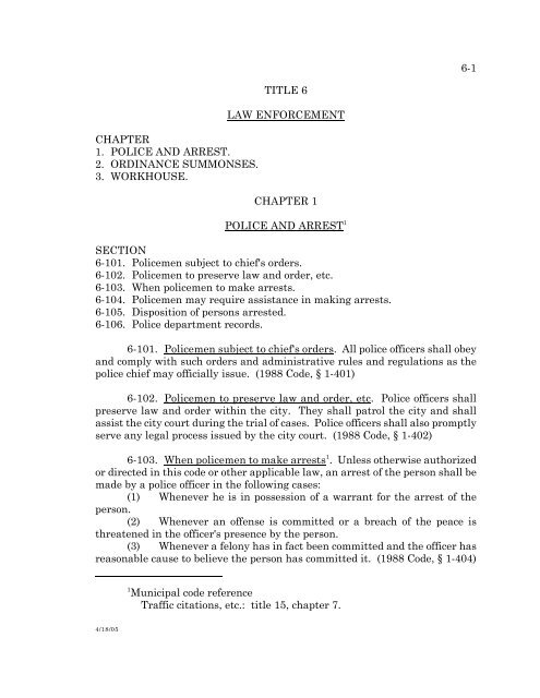 6-1 Municipal code reference Traffic citations, etc.: title 15 ... - MTAS
