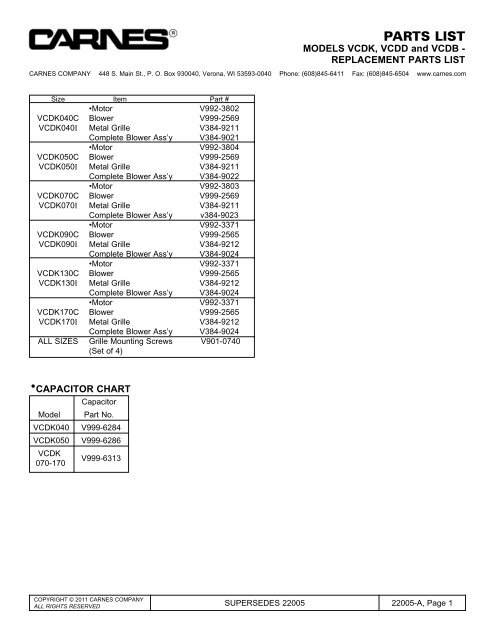VCDK/ VCDD/ VCDB Parts List - Carnes Company