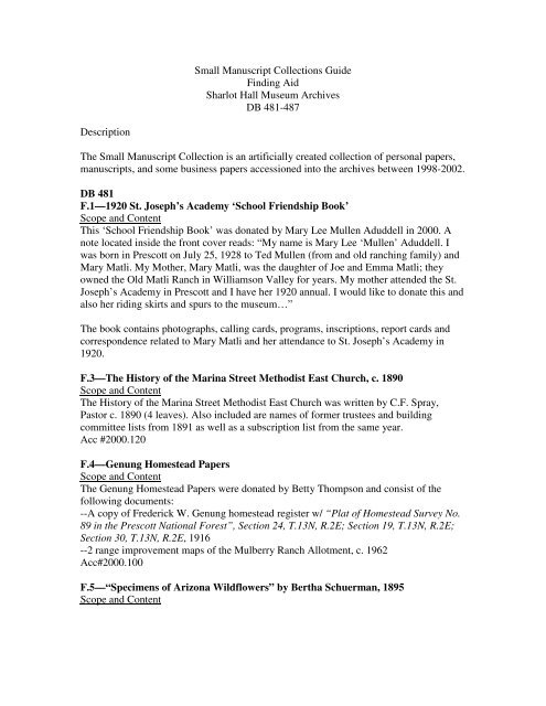Small Manuscript Collections Guide - Sharlot Hall Museum