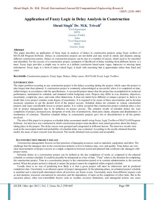 Application Of Fuzzy Logic In Delay Analysis In Construction Ijcer
