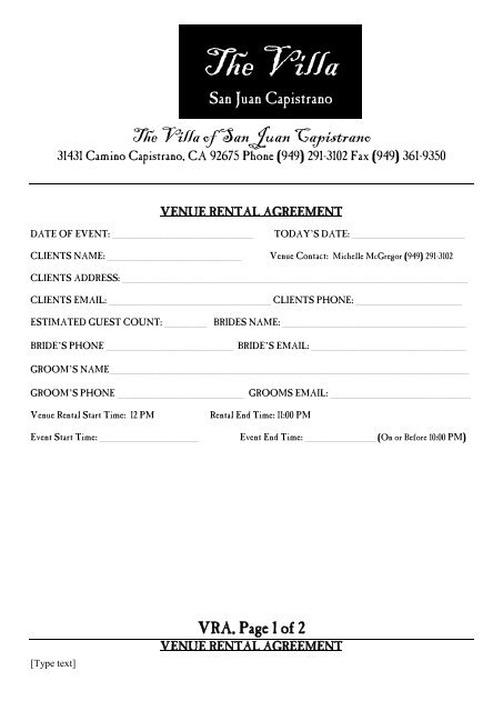 Venue Rental Agreement - The Villa San Juan Capistrano