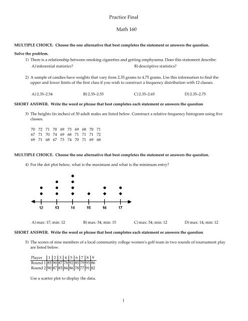 Practice Final Math 160 - Cuyamaca College