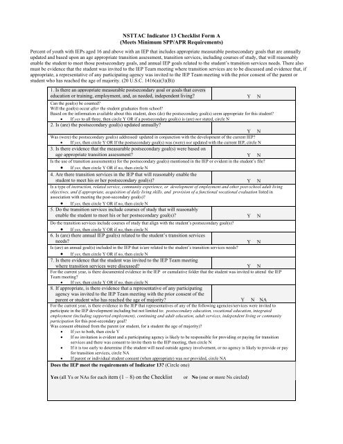NSTTAC Indicator 13 Checklist Form A (Meets Minimum SPP/APR ...