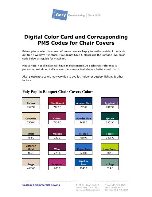 Pantone PMS code - Gary Manufacturing, Inc.