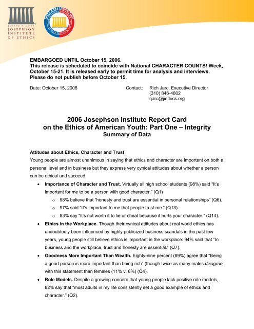 2006 Josephson Institute Report Card on the Ethics of American Youth