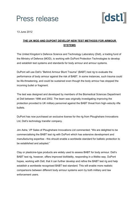 The UK MOD and DuPont develop new test methods for armour - Dstl