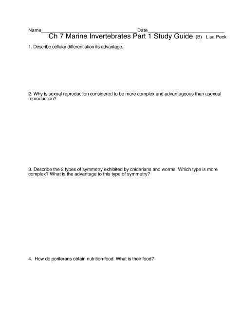 Ch 7 Marine Invertebrates Part 1 Study Guide (B) Lisa Peck