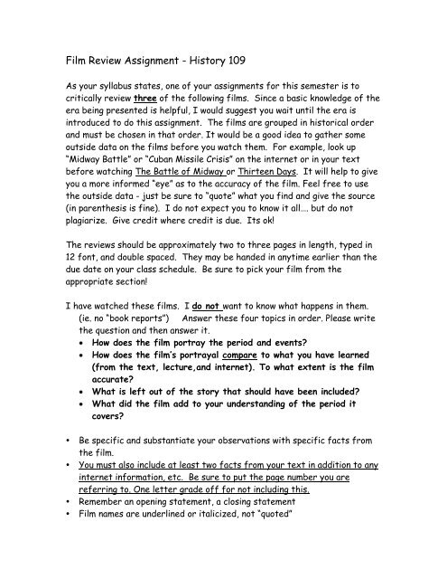 Film Review Assignment - History 109