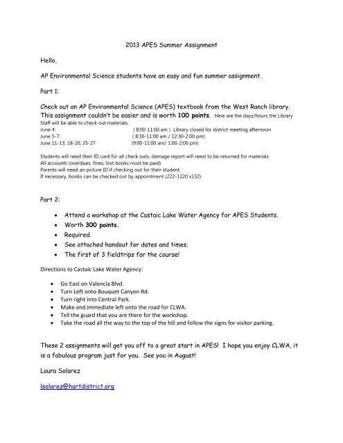 Summer Assignments - West Ranch High School