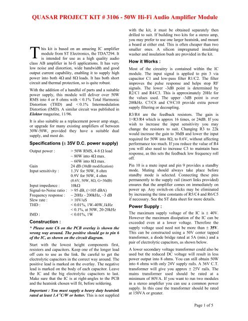 50W Mono Hi-Fi Audio Power Amplifier Module ... - Quasar Electronics