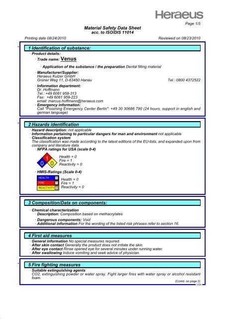 Venus Composite MSDS - Heraeus Kulzer US