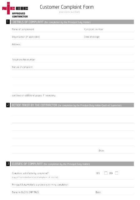 Approved Contractor, consumer complaints example form - NICEIC
