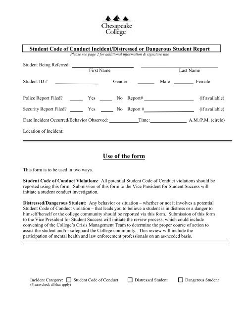 Student Code of Conduct Incident Report - Chesapeake College