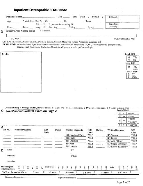 Inpatient Osteopathic SOAP Note - American Academy of Osteopathy