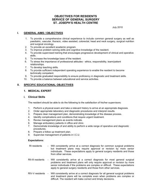 SJHC Goals and Objectives - Division of General Surgery