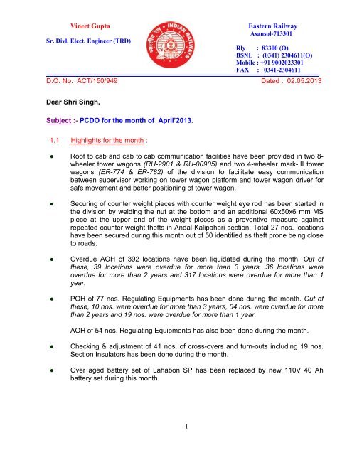 PCDO for the month of - Eastern Railway