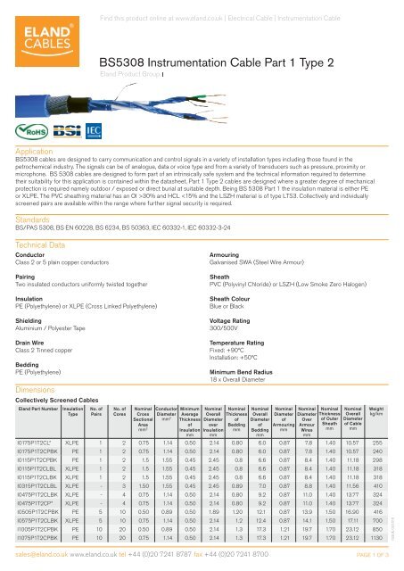 BS5308 Instrumentation Cable Part 1 Type 2 - Eland Cables