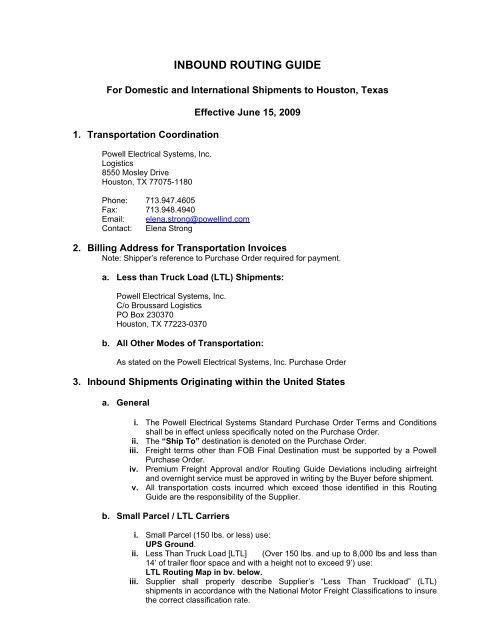 INBOUND ROUTING GUIDE - Powell Industries, Inc.