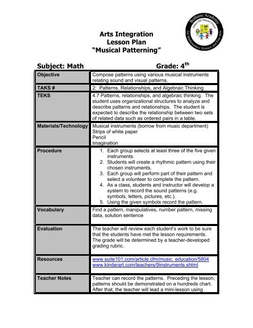 Arts Integration Lesson Plan Musical Patterning Subject Math 