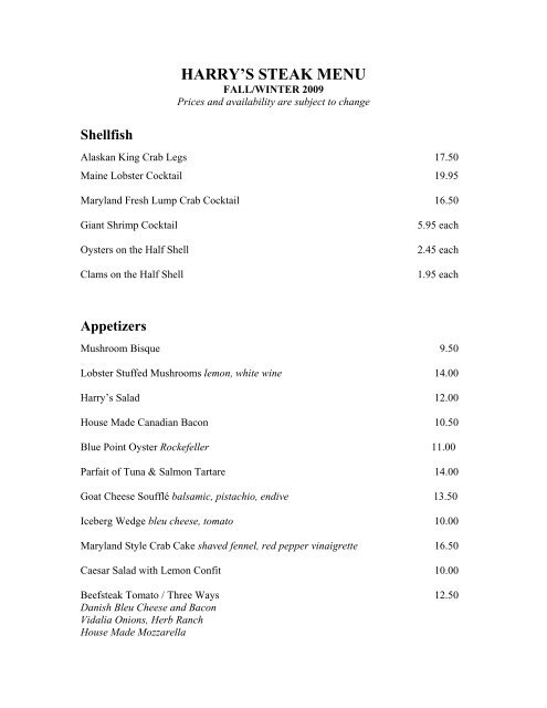HARRY'S STEAK MENU - Harry's Cafe and Steak