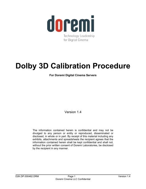 Dolby 3D Calibration Procedure - Doremi Labs