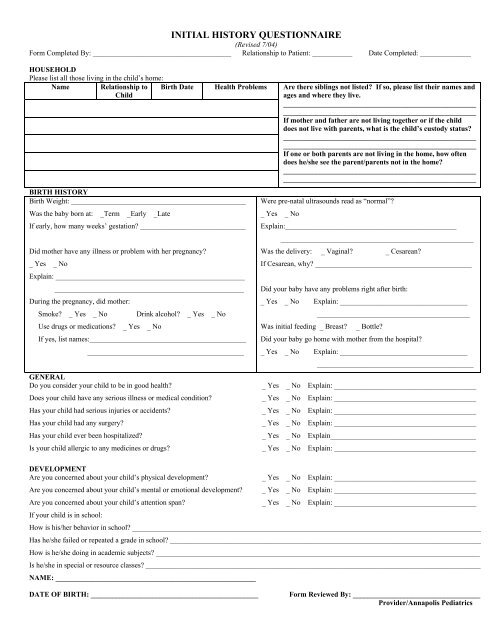 INITIAL HISTORY QUESTIONNAIRE - Annapolis Pediatrics