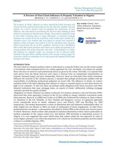 A Preview of Non-Client Influence in Property Valuation in Nigeria