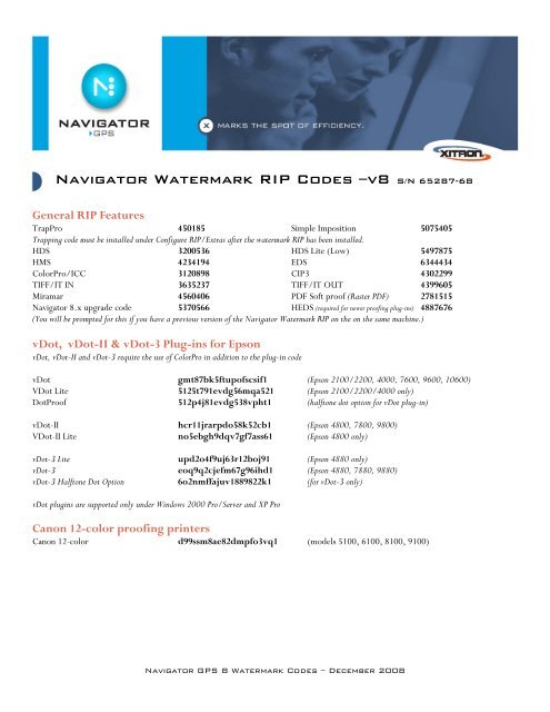 Navigator Watermark RIP Codes â€“v8 S/N 65287-68 - Xitron