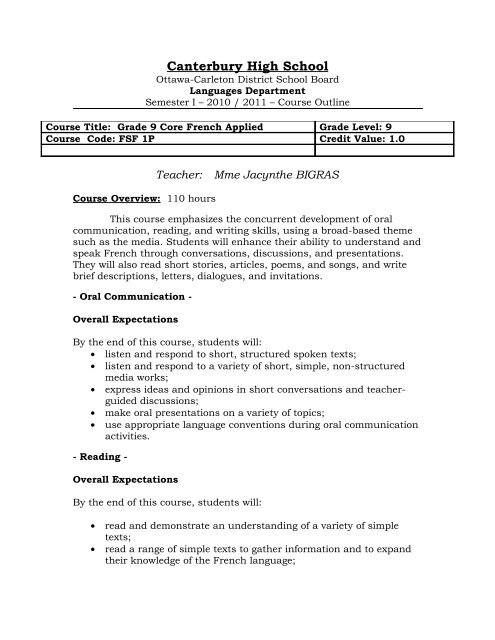 Grade 9 Core French Applied, FSF1P - Canterbury High School