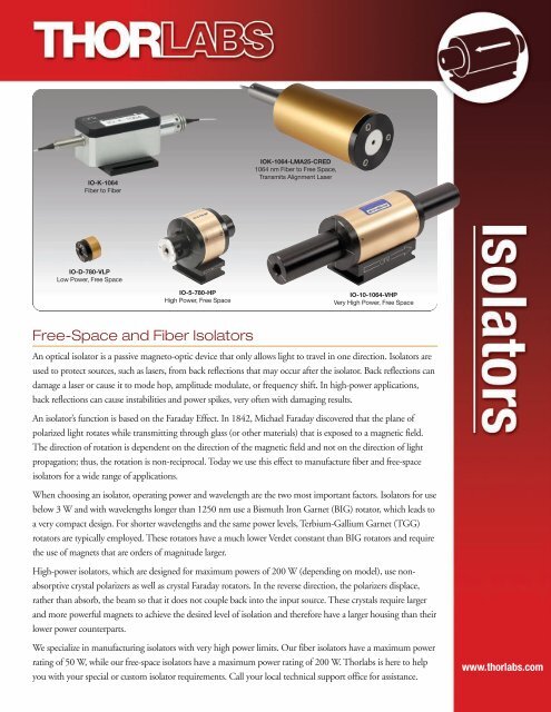 Free-Space and Fiber Isolators - Thorlabs