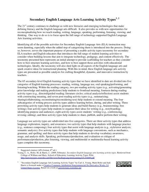 Secondary English Language Arts Learning Activity Types