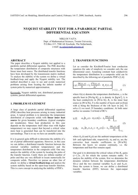nyquist stability test for a parabolic partial differential equation