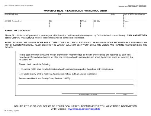 Waiver of Health Examination for School Entry - California ...