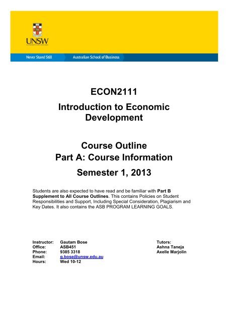 ECON2111 Introduction to Economic Development Course Outline ...