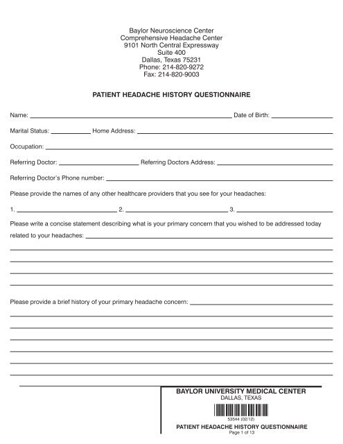 Patient Headache History Questionnaire