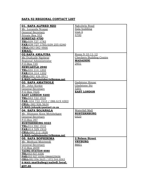 SAFA 52 REGIONAL CONTACT LIST